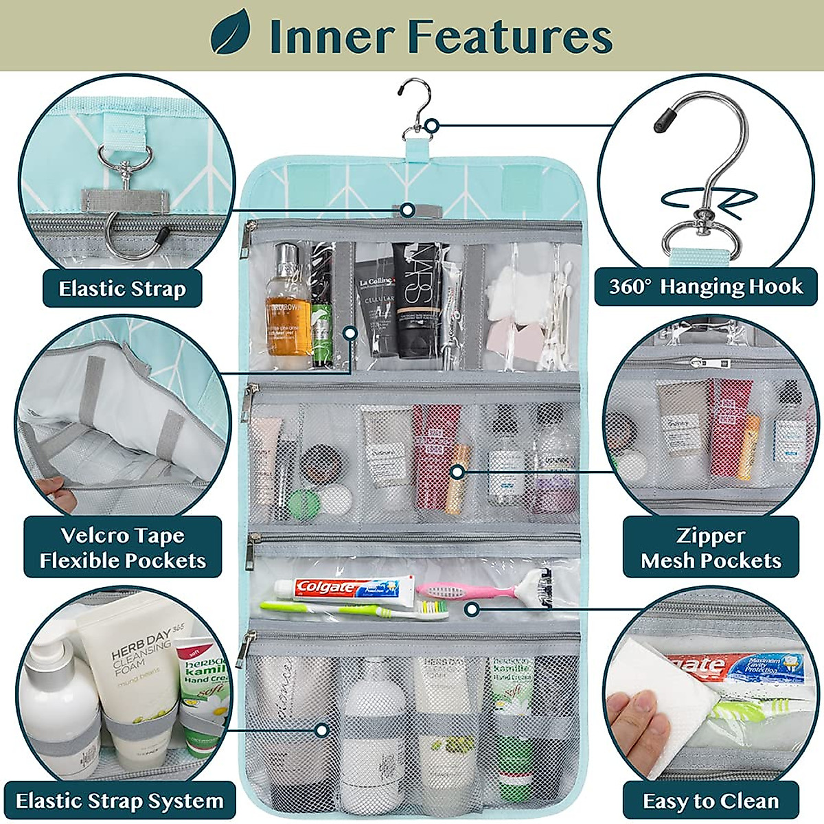 PAVILIA Hanging Toiletry Bag Women Men, Travel Kit Foldable Large Toiletries Organizer, Roll up Cosmetics Makeup Bag Accessories, Waterproof Essentials Jewelry Case (Teal Chevron)