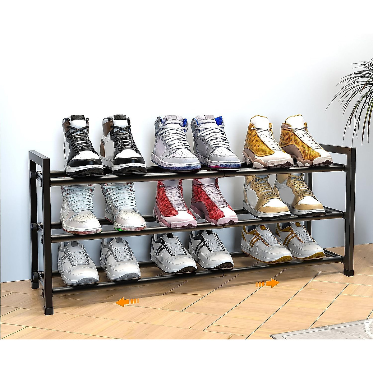 Bumusty Expandable Shoe Rack for Closet, Adjustable Small Shoe Rack for Entryway, Shoe Rack for Closet Small Space, Extendable Shoe Organizer for Front Door,Sturdy Metal Shoe Rack, Black 3-Tier