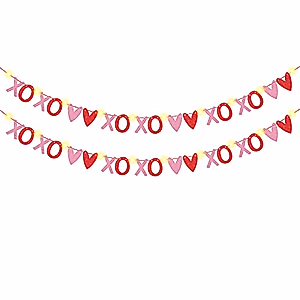 Happy Valentines Day Banner and Red Pink Glittery Heart Garland Banner Valentines Day Decorations Conversation Candy Hearts Banner, 20 Valentines Day Heart Sayings Pre-strung Garland Decorations (Style 2)
