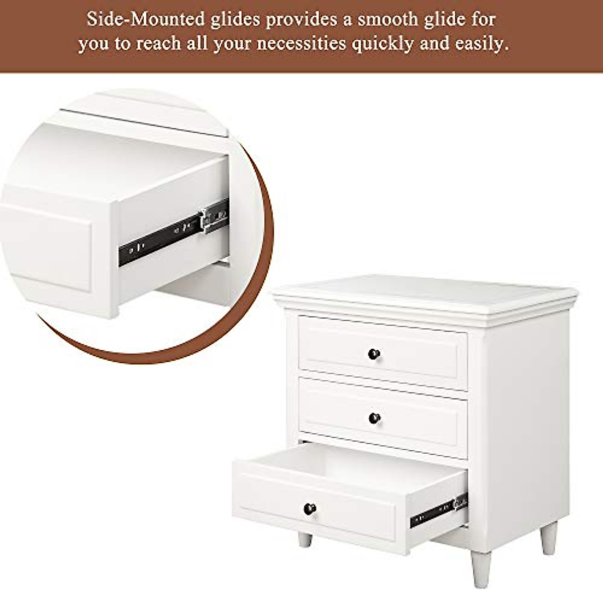 Knocbel 3-Drawer Night Stand, Solid Wood Bedside Nightstand Sofa Side End Table, Fully Assembled, 28.1" H x 27.9" W x 16.9" D (White)