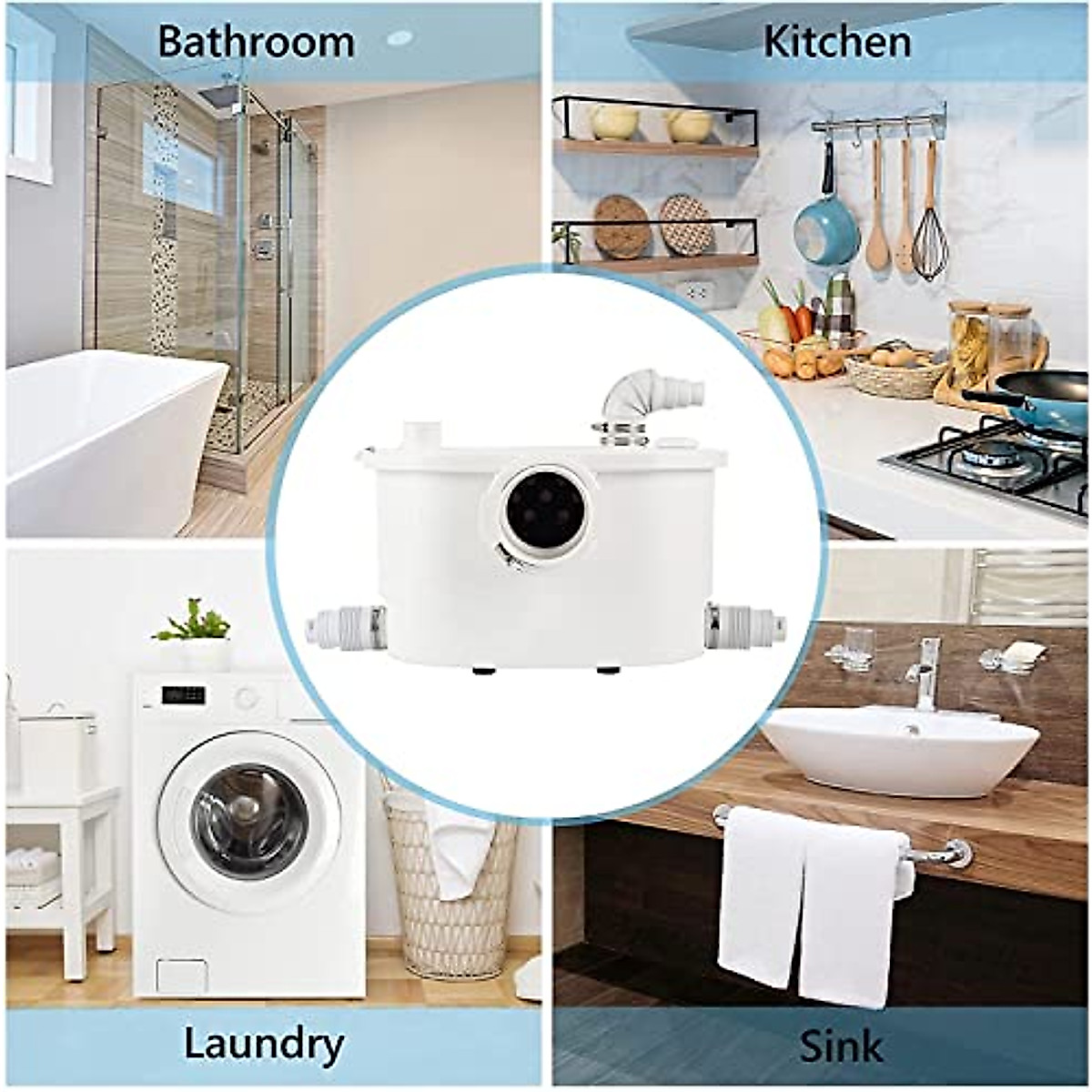 Upflush Macerating Toilet with Pump for Basement, Macerator Pump, 1.28GPF Dual Flush Toilet Tank, Big Round Toilet Bowl, Water Tank, Night Light, Brush, Two Piece Toilet, 4 Water Inlets