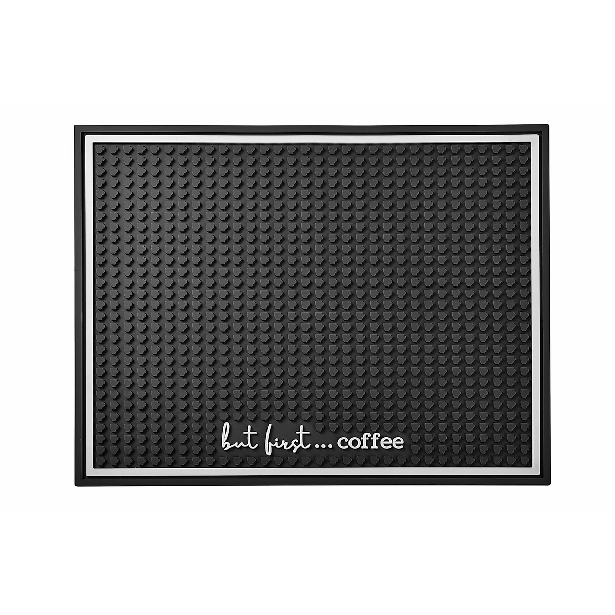 URBN Premium Thick Non-Slip"But First Coffee" Rubber Spill Mat for Countertop or Kitchen Bars, 18in x 14in x 0.4in - Black