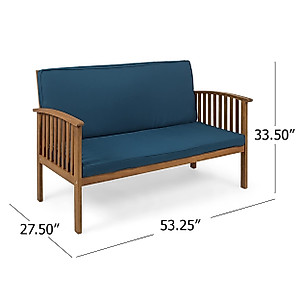 Merax Outdoor Acacia Wood Loveseat, Modern 2 seat Sofa for Backyard & Patio, Brown & Teal