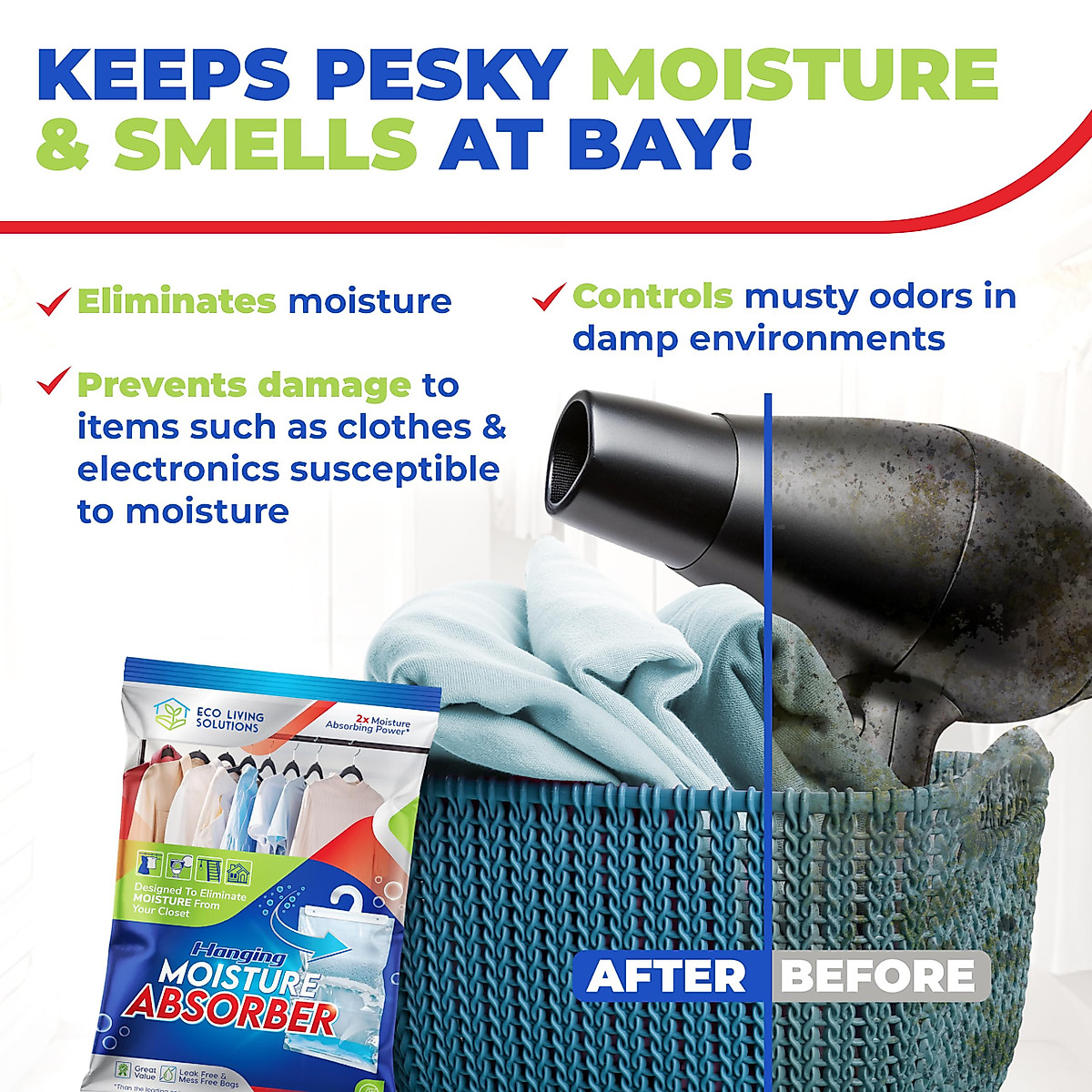 Eco Living Solutions Moisture Absorber Packets, Fragrance Free, Humidity Absorber, Hanging Closet Dehumidifier Bags, Eliminates Odors for Fresher Air, Ideal for Closet