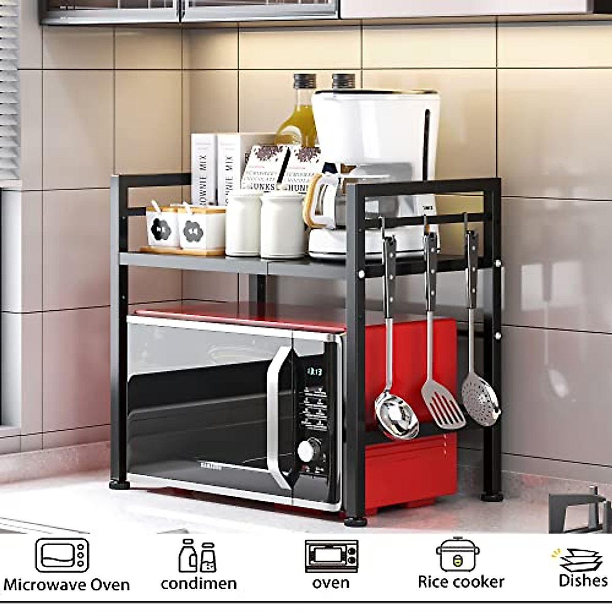 KITCSTI Microwave Oven Rack,Expandable Microwave Shelf for Kitchen Counter,2 Tiers Microwave Stand Countertop Organizer for Kitchen Counter