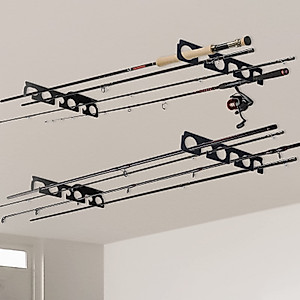 Iswabard Wall Mounted Fishing Rod Rack Horizontal Fishing Rod/Pole Holders for Garage, 4 Set, Wall or Ceiling Mounted Fishing Rod Rack Fishing Rod Storage, Metal