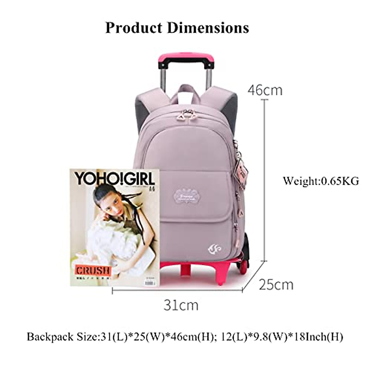 Mfikaryi Solid-Color Rolling Backpack for Girls Rolling Backpack for Kids Elementary Students with Wheel Travel Schoolbag