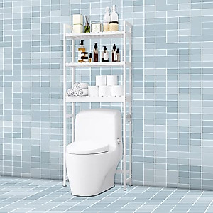 Bamboo Over-The-Toilet Storage Rack, 3-Tier Bathroom Organizer Over Toilet with 6 Hooks, Bathroom Freestanding Shelf for Home, Kitchen, 24.4” L X 10.24” W X 64.17” H, White