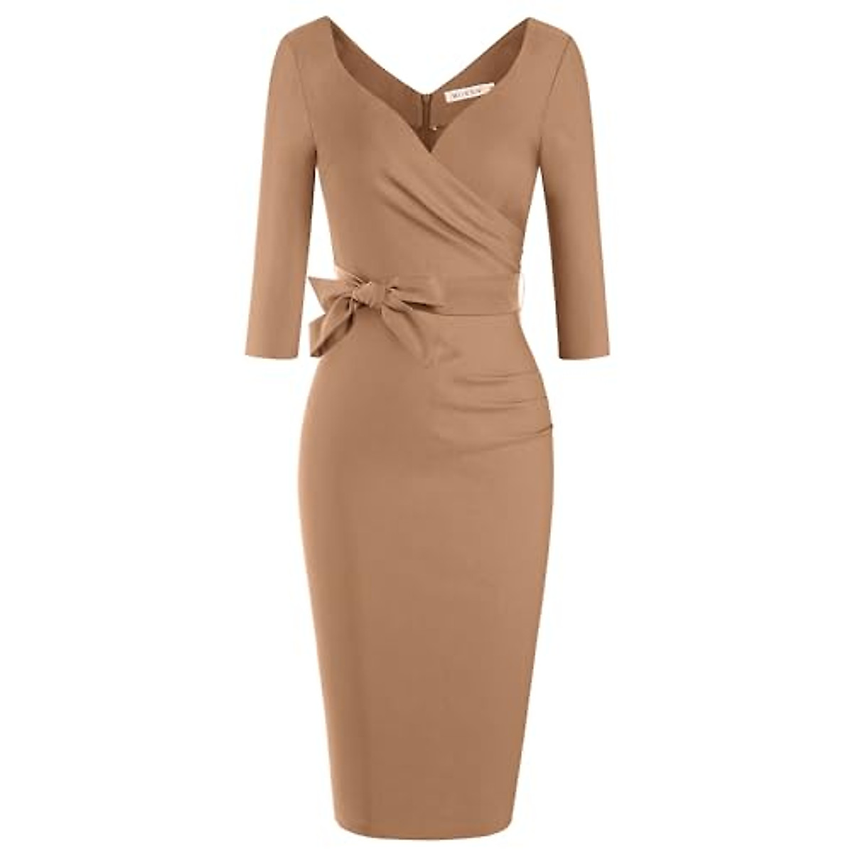 MUXXN Ladies Retro Cut Out Neck Elbow Sleeves Graduation Party Pencil Dress (Camel L)