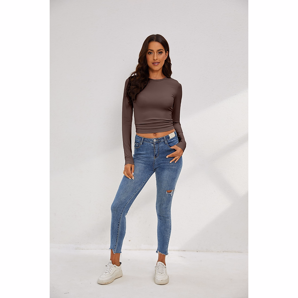 KAMISSY Women’s Workout Long Sleeve Yoga Basic Tee Shirt Casual Round Neck Slim Athletic Running Solid T-Shirt Top Coffee