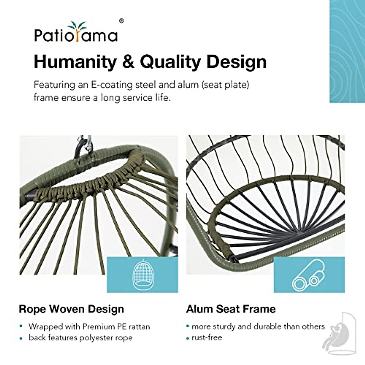 Patiorama Indoor Outdoor Egg Swing - Rattan Hanging Chair w/Cushion, 350lbs Capacity, All Weather Foldable Hammock Chair for Bedroom, Porch (Olive Green)