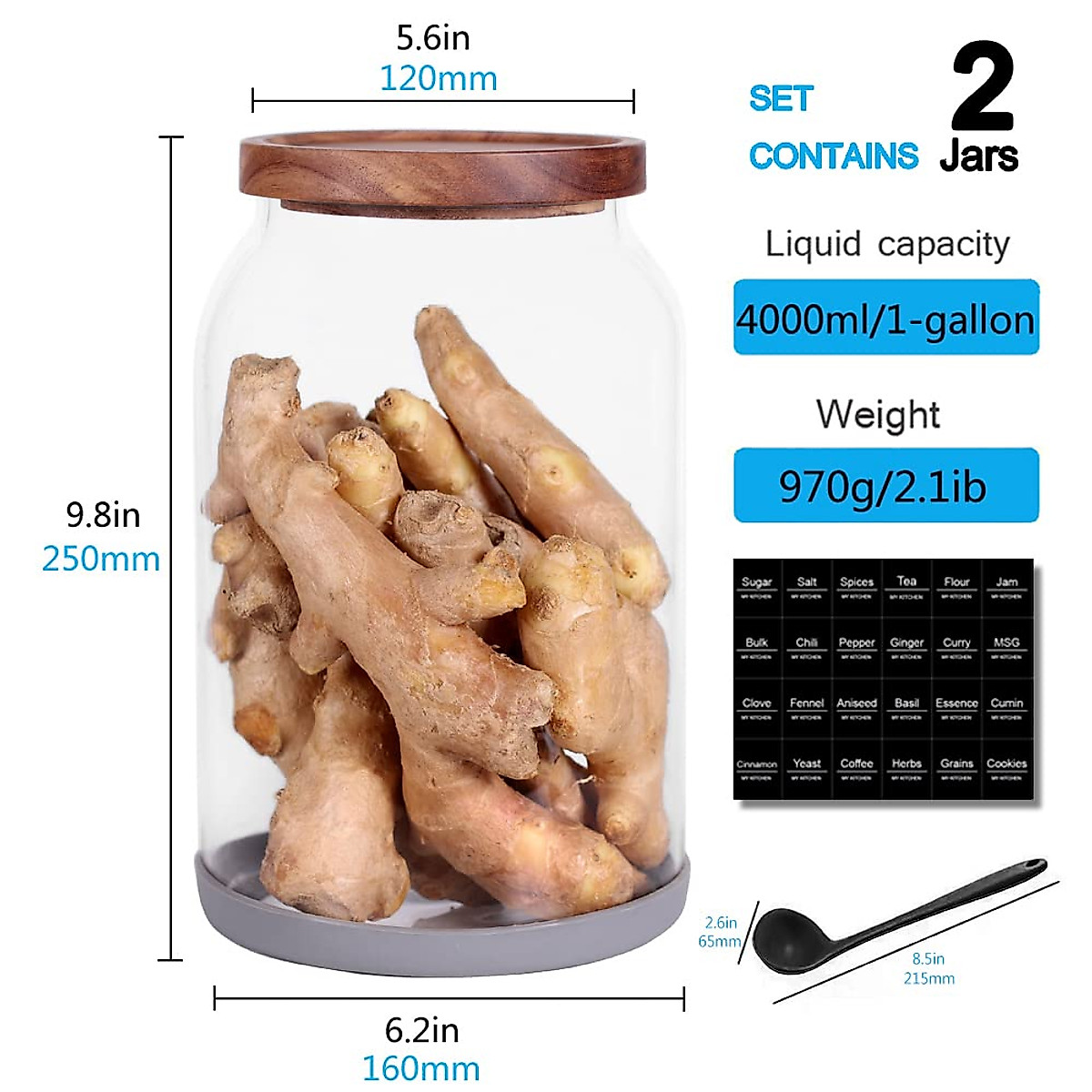 SAIOOL 1 Gallon Glass Jar with Wooden Acacia Airtight Lid,Large Glass Storage Jar set of 2, BPA-Free Cereal Dispenser Jars for flour,Spaghetti Pasta, Powder, Tea, Coffee