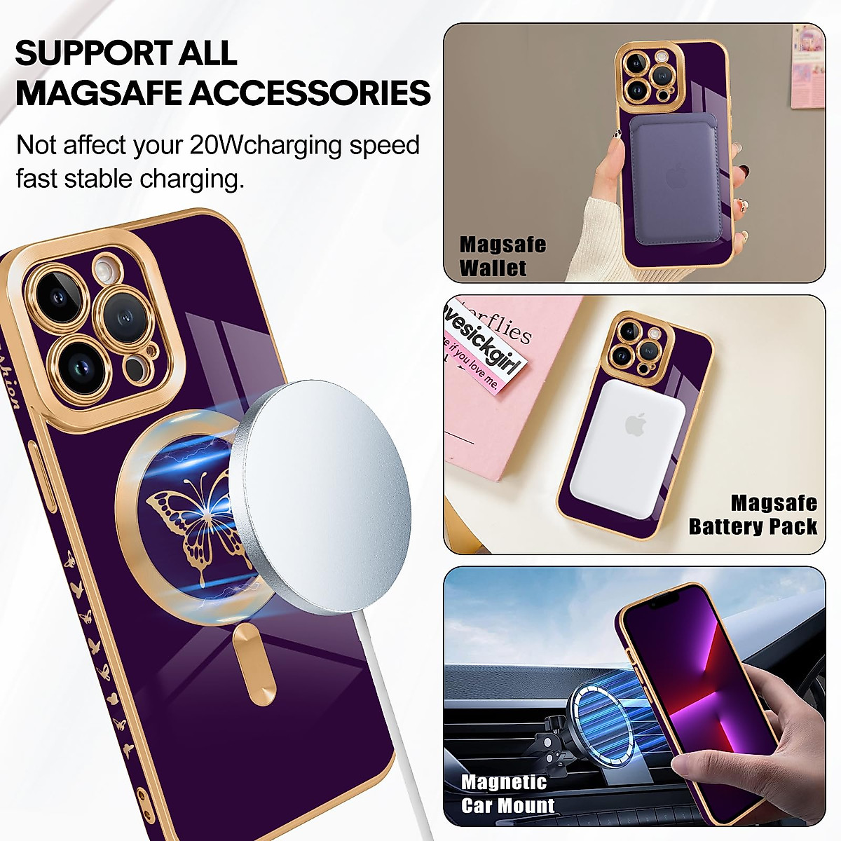 Newseego for iPhone 13 Pro Max Magnetic Case, Cute Butterfly Plating Edge Case for Women Girls Men Soft TPU Bumper Shockproof Camera Protective Cover for iPhone 13 Pro Max-Purple