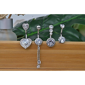 14G Surgical Steel Belly Button Rings Round Love Heart Clear CZ Navel Curved Barbell Studs Sexy Body Piercing (4PCS - Steel)