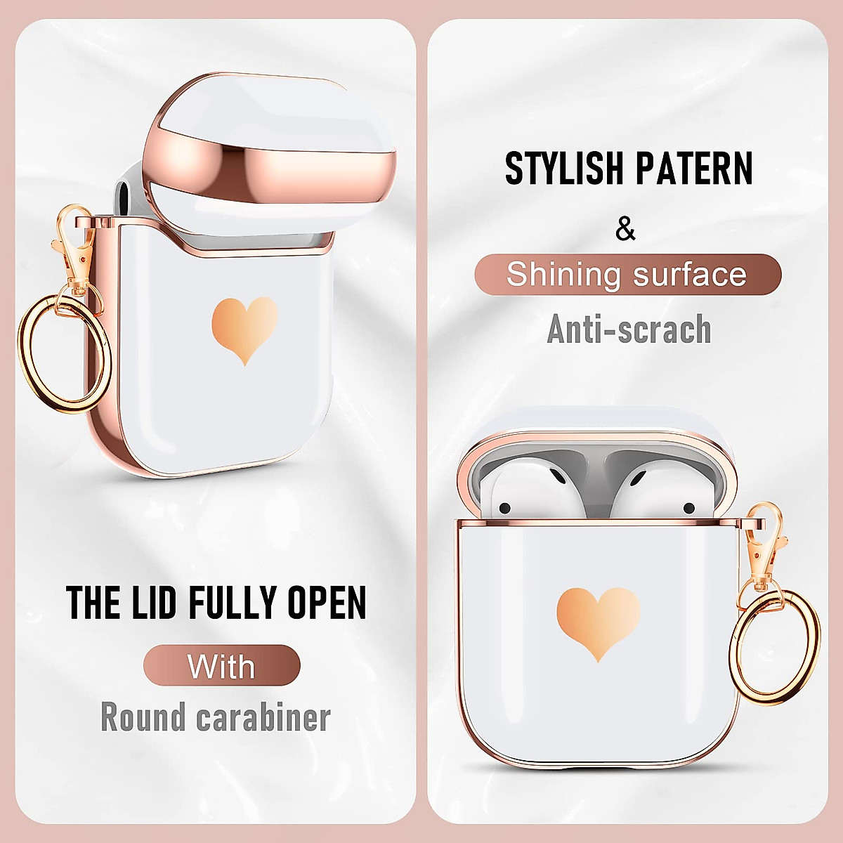 Maxjoy Compatible with Airpods Case,for Airpods 2nd Generation Case Cute Electroplating with Gold Heart Pattern with Lanyard Shockproof Cover for Girls Woman Airpods 2 &1-White