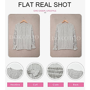 Dokotoo Sweater Women Ladies Cute Soft Thick Round Neck Solid Hollow Out Lace Crochet Autumn Cozy Long Sleeve Cable Knit Pullovers Sweaters for Women Large Gray
