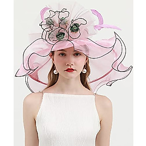 TLMNU Women Derby Church Hat Organza Flower Wedding Tea Party Fascinator Hat Wide Brim Sun Hat A2-Pink with Flower