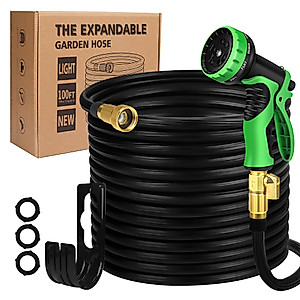Expandable Garden Hose 100ft Durable Flexible 50 Layers Nano Rubber Lightweight No-Kink Water Pipe 10 Functions Spray Nozzle Water Hose 3/4'' Solid Brass Fittings Easy Storage for Outdoor Yard Black