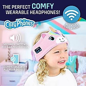 CozyPhones Over The Ear Headband Headphones - Kids Wireless Headphones Volume Limited with Thin Speakers & Super Soft Fleece Headband - Pink Unicorn