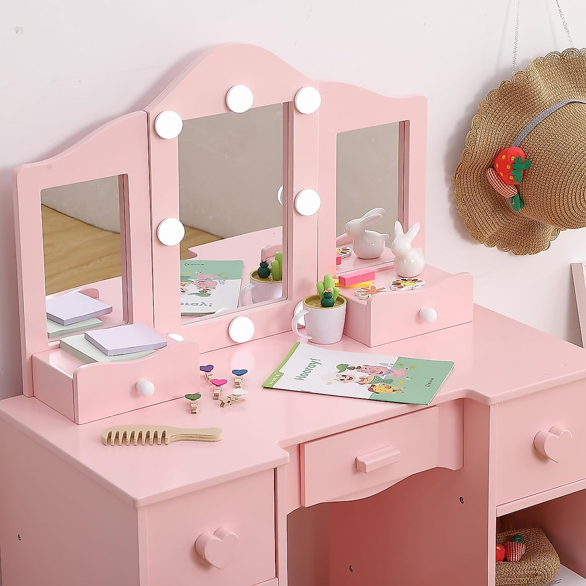 GarveeHome Kids Vanity with Lights,2 in 1 Wooden Princess Makeup Desk Dressing Table,Girls Vanity Table with Mirror, Light,Stool & Drawer,Toddler Vanity,Pretend Play Vanity Set for Little Girls