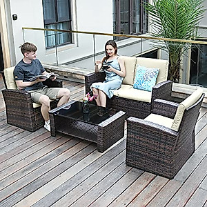 YITAHOME 5 Piece Patio Furniture Sets, All-Weather Outdoor Patio Conversation Set, PE Rattan Wicker Small Sectional Patio Sofa Set with Table, Brown