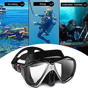 Snorkel Diving Mask Panoramic HD Swim Mask, Anti-Fog Scuba Diving Goggles,Tempered Glass Dive Mask Adult Youth Swim Goggles with Nose Cover for Diving, Snorkeling, Swimming (A-Black)