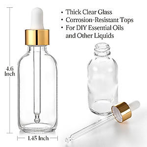 AOZITA Set of 4, 2 oz Golden Cap Clear Dropper Bottles (60ml) with 1 Funnel & 4 Labels - Glass Tincture Bottles for Essential Oils with Eye Droppers - Leak Proof Travel Bottles for Liquids