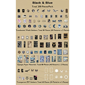 Knaid 200 Pieces Vintage Ephemera Bundle Junk Journal Kit Scrapbook Supplies Paper Sticker Material Pack for Art Journaling Bullet Journals Planners Collage Decoupage Crafter Gifts (Black & Blue)