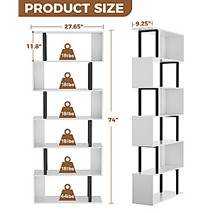 Gadroad 6 Tier Geometric Bookcase,S Shaped Bookshelf, Wood Decorative Storage Shelving, Modern Freestanding Display Shelves, Tall Book Shelf Unit for Living Room Bedroom, White