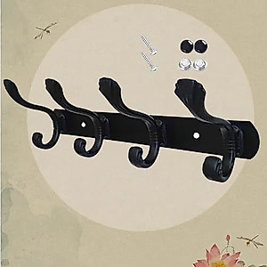 AOLZUNK Coat Rack Wall Mount with 4 Wall Hooks, Heavy Duty Metal Hook Rack Rail for Purse Clothes Jacket Backpack Entryway, Black