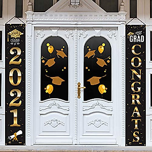 Whaline Graduation Hanging Banner, Graduation Porch Sign Backdrop Congrats Graduation Party Decorations for Home School Wall Door Yard Apartment (Black, Gold and White)