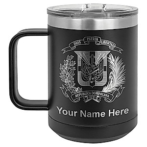 LaserGram 15oz Vacuum Insulated Coffee Mug, Coat of Arms Dominican Republic, Personalized Engraving Included (Black)