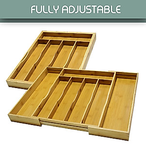 DE'VELO Adjustable Bamboo Kitchen Drawer Organizer - Silverware Organizer and Cutlery Tray with Grooved Drawer Dividers for Flatware and Kitchen Utensils (5-7 Slot)