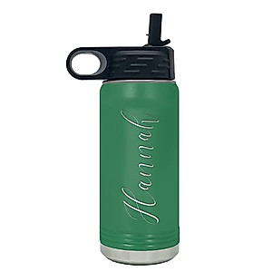 Personalized Bottle 20 oz with Straw Green Custom Laser Engraved Stainless Steel Vacuum Insulated Sport Bottle with Name