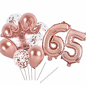 KUNGOON 65th Birthday Balloon,Rose Gold Number 65 Mylar Balloon,Funny 65th Birthday/Wedding Anniversary Crown Aluminum Foil Balloon Decoration for Women/Men.