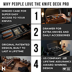 Showcase Your Knives with The Knife Deck Pro – Premium Pocket Knife Display Case for 6 Knives – Easy Access & Leather Lining – Drawer for Accessories – Wooden Pocket Knife Holder – Lifetime Assurance