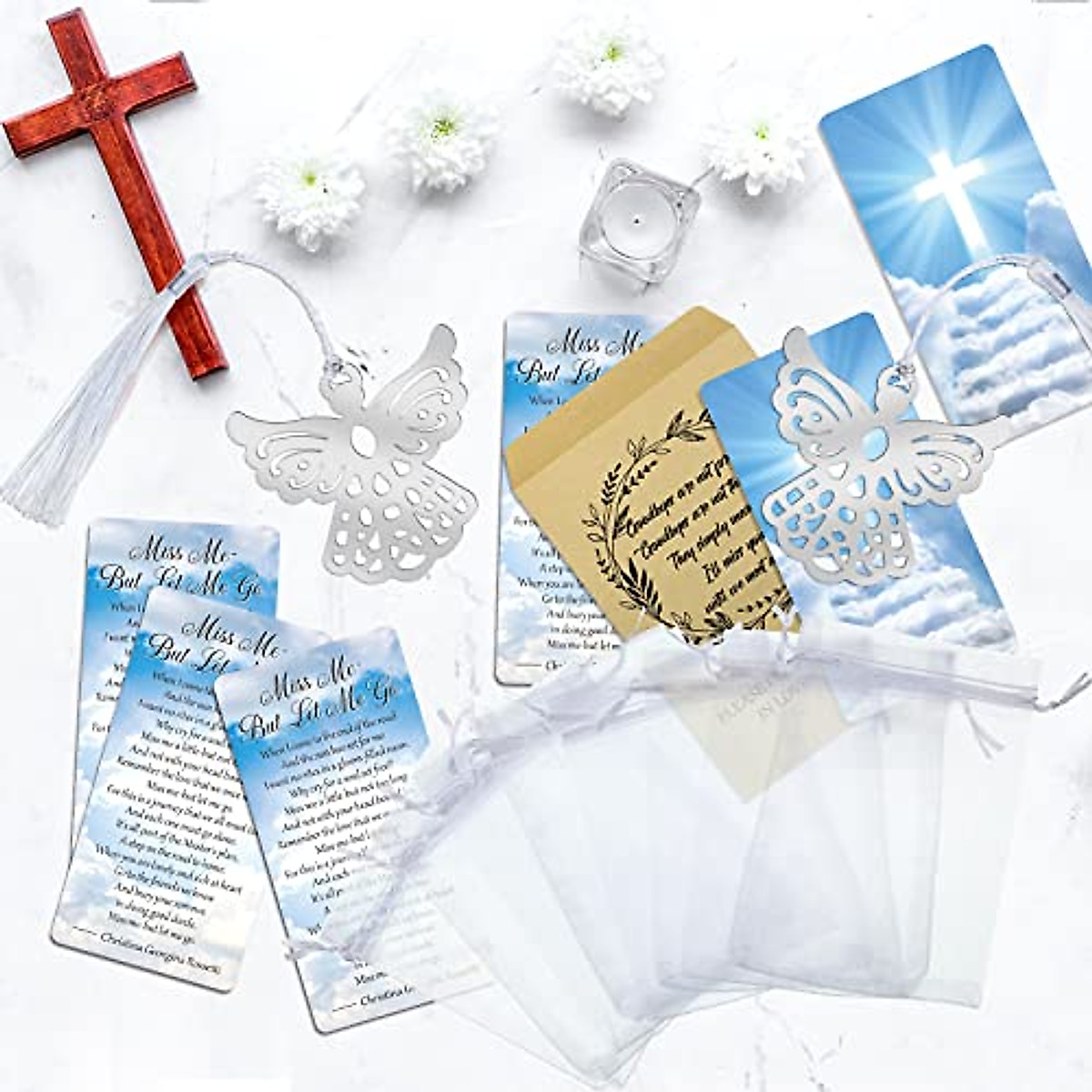 24 Sets Funeral Favors Set Includes 24 Bereavement Poem Double Sided Funeral Prayer Cards 24 Kraft Seed Envelopes 24 Stainless Steel Tassels Angel Bookmark and 24 Organza Bags for Remembrance Funeral