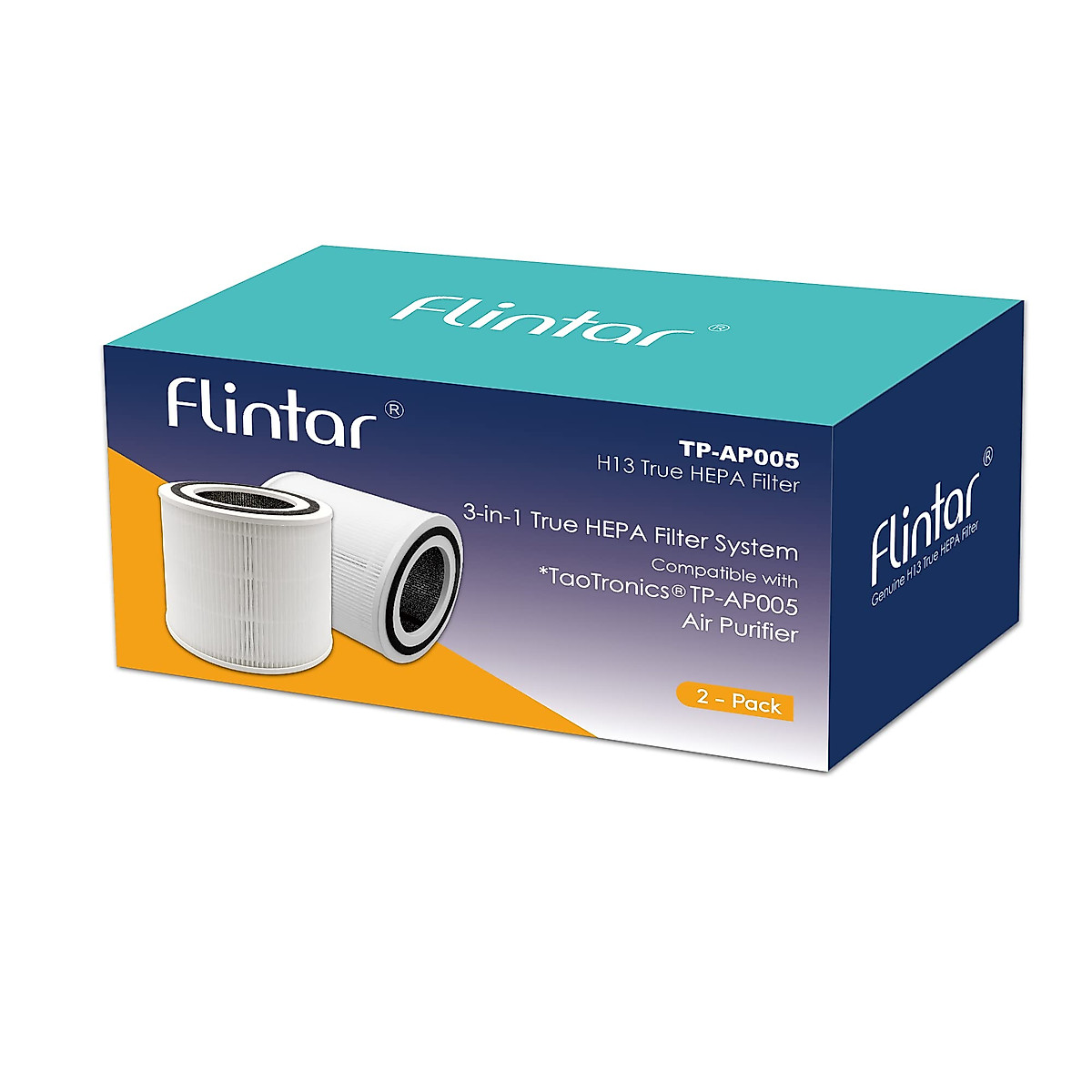 Flintar 2-Pack of AP005 H13 True HEPA Replacement Filter, Compatible with TaoTronics TT-AP005 Air Purifier, 3-in-1 Pre-Filter, H13 Grade True HEPA and Activated Carbon Filter Set