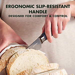 GreenPan Titanium 8" Bread Knife, Titanium Coated, Stainless Steel, Eco-friendly, Ergonomic Grip, Slip Resistant, Balanced, Heat Treated, Hand Sharpened, Dishwasher Safe