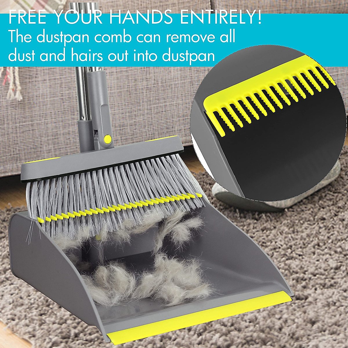 PHYEX 2-Pack Broom and Dustpan Combo Set, 48" Long Adjustable Handle Stand Up Dustpan with Self-Cleaning Teeth, Ideal for Home, Office, Kitchen, Indoor & Outdoor Use, Grey