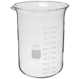 Corning Pyrex 1000-3L Glass 3 Liter Graduated Low Form Griffin Beaker, 125mL Graduation Interval, with Double Scale