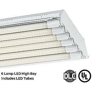 Four-Bros Lighting 6 Bulb/Lamp T8 LED Linear High Bay Warehouse Shop Light Fixture - (6) LED T8 Bulbs Included - Daylight - 17160 Lumens, Made in USA, BAA Certified…