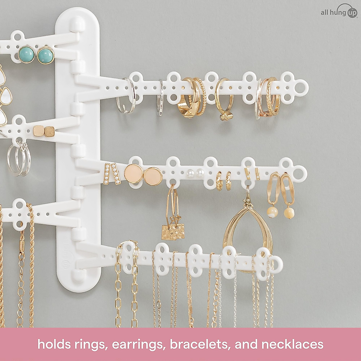 All Hung Up 6-Tier 6" Wall Jewelry Organizer, Command Strips included for Easy Hanging, 120 Hole Earring Organizer, Necklace Organizer, Bracelet Holder, Ring Holder, Rotating Branches, White