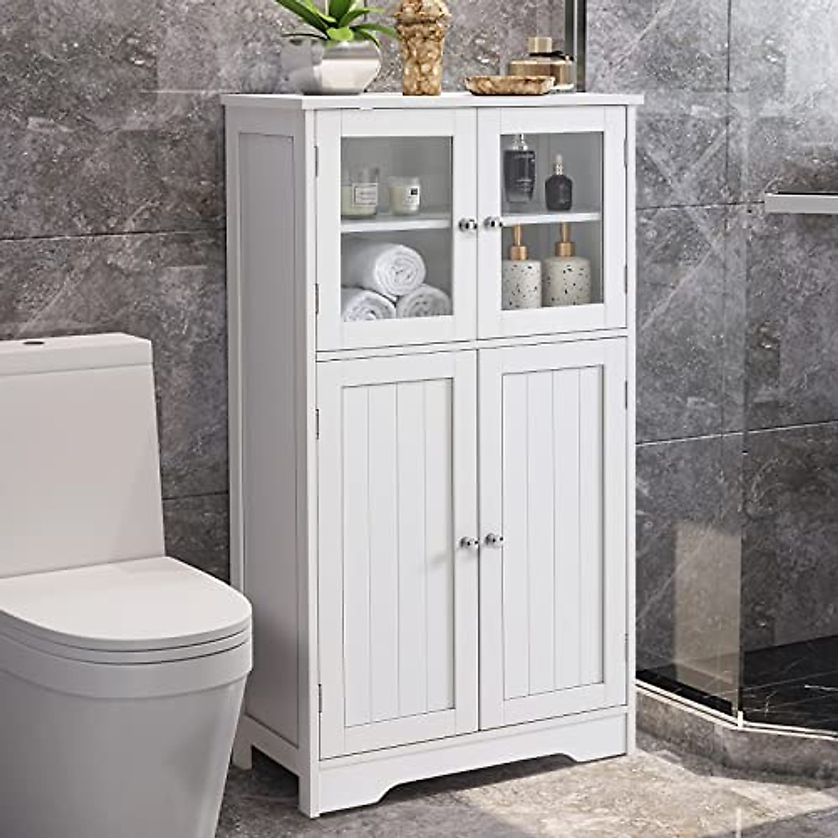 IWELL Bathroom Wall Cabinet & Bathroom Floor Cabinet bundle, Medicine Cabinet with 1 Adjustable Shelf & Double Doors, Storage Cabinet with Glass Doors & Adjustable Shelf, Wall Mounted Bathroom Cabinet