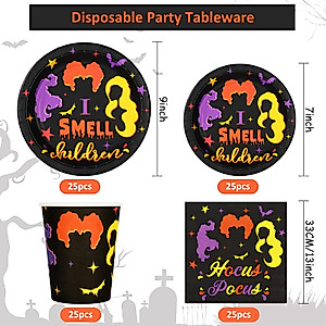 Whaline 100Pcs Halloween Tableware Set Hocus Pocus Disposable Dinnerware Set 50Pcs Paper Plates 25Pcs Napkin 25Pcs Cups for Halloween Party Witch Theme Party Supplies Table Decorations