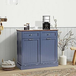 KIGOTY Dual Kitchen Trash Cabinet, Double Tilt Out Trash Can Cabinet with Countertop and Drawer, Free-Standing Pet Proof Recycling Cabinet Garbage Can Holder (Blue)