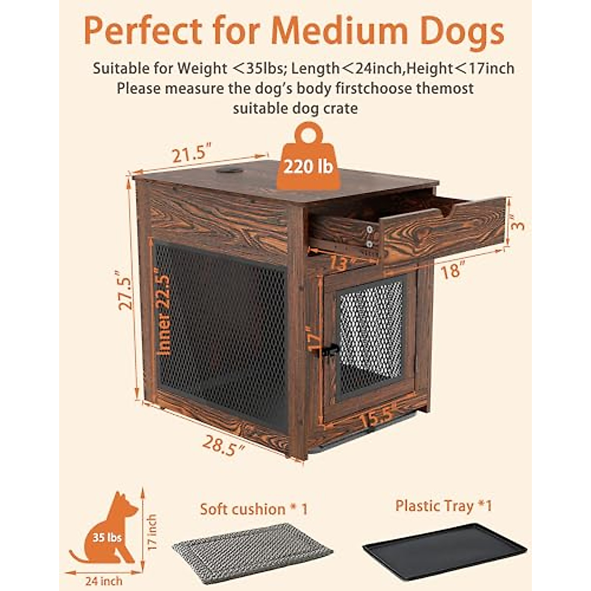 Piskyet Dog Crate Furniture,Wooden Dog Crate End Table with Storage Drawer&Cushion&Tray, QC3.0 Wireless Charging,Dual USB,Medium Dogs Rustic Style