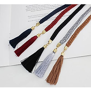 Women Girls Braided Knotted Waist Belt Skinny Mixed Color Rope Exotic Chain Tassel for Dress Skirt (Grey Lace)
