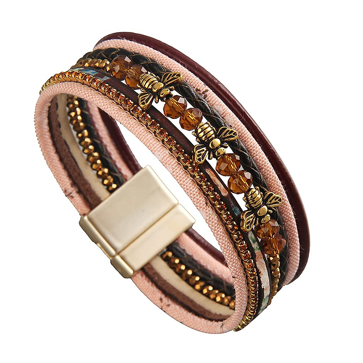 GelConnie Leather Wrap Bracelet Women's Leather Cuff Bracelets Honey Bee Multi Strand Boho Bracelet for Women