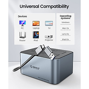 ORICO Hard Drive Docking Station, Aluminum Dual Bay USB C to SATA 3.0 6 Gbps HDD Docking Stations with UASP for 2.5 or 3.5 Inch HDD with 12V 3A Power Supply, 36TB Support, Gray (6626C3)
